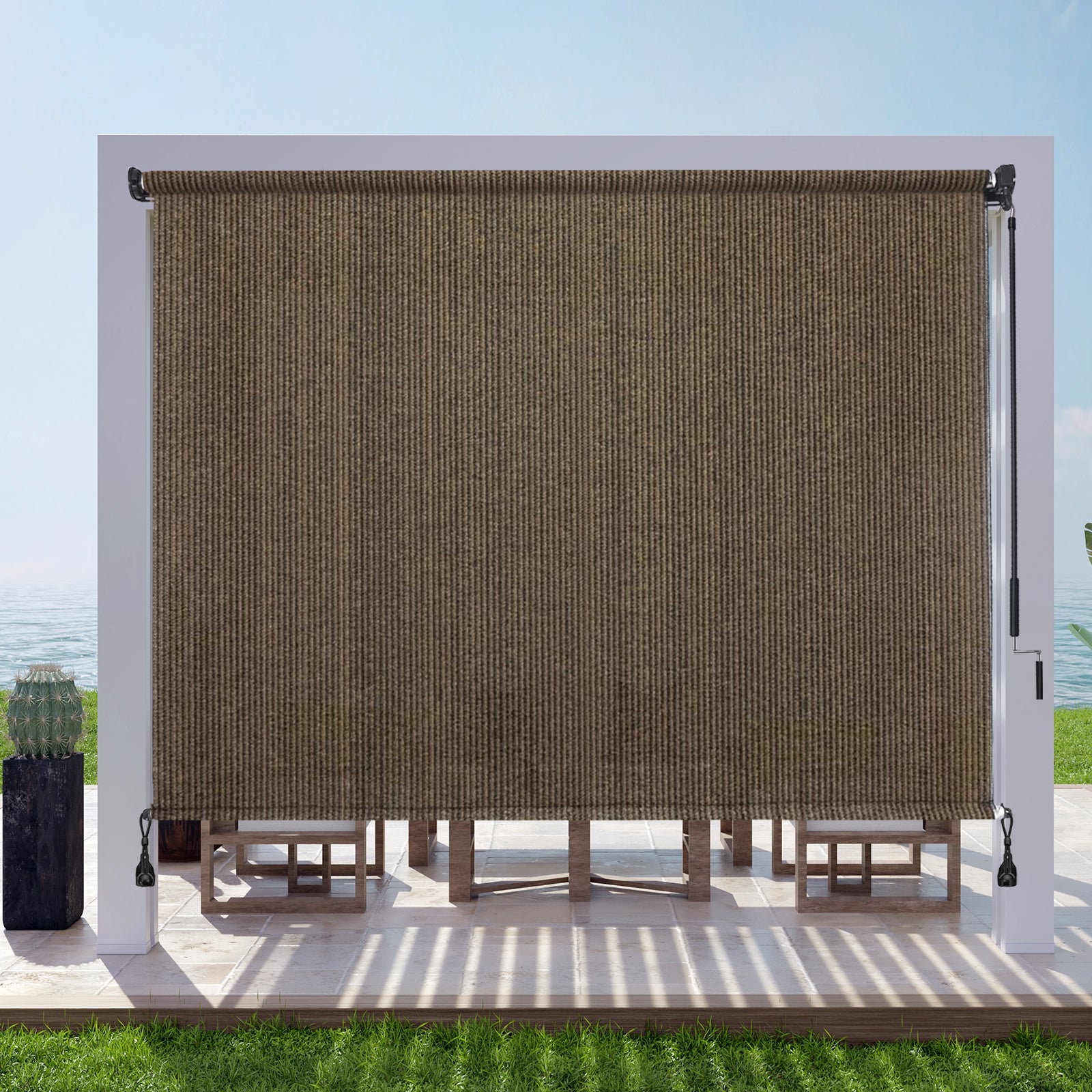 Shade&Beyond Outdoor Roller Shade Walnut Exterior Cordless Patio Roll ...